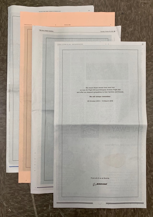 Boeing Takes Out Full-Page Ads Before CEO Testifies