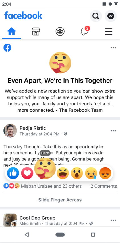 Facebook Adds Care Reaction, While Messenger Gets a Pulsating Heart