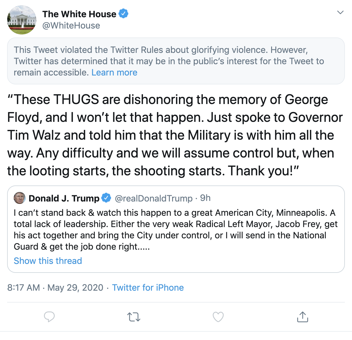 Twitter Labels Trump Tweet for 'Glorifying Violence'